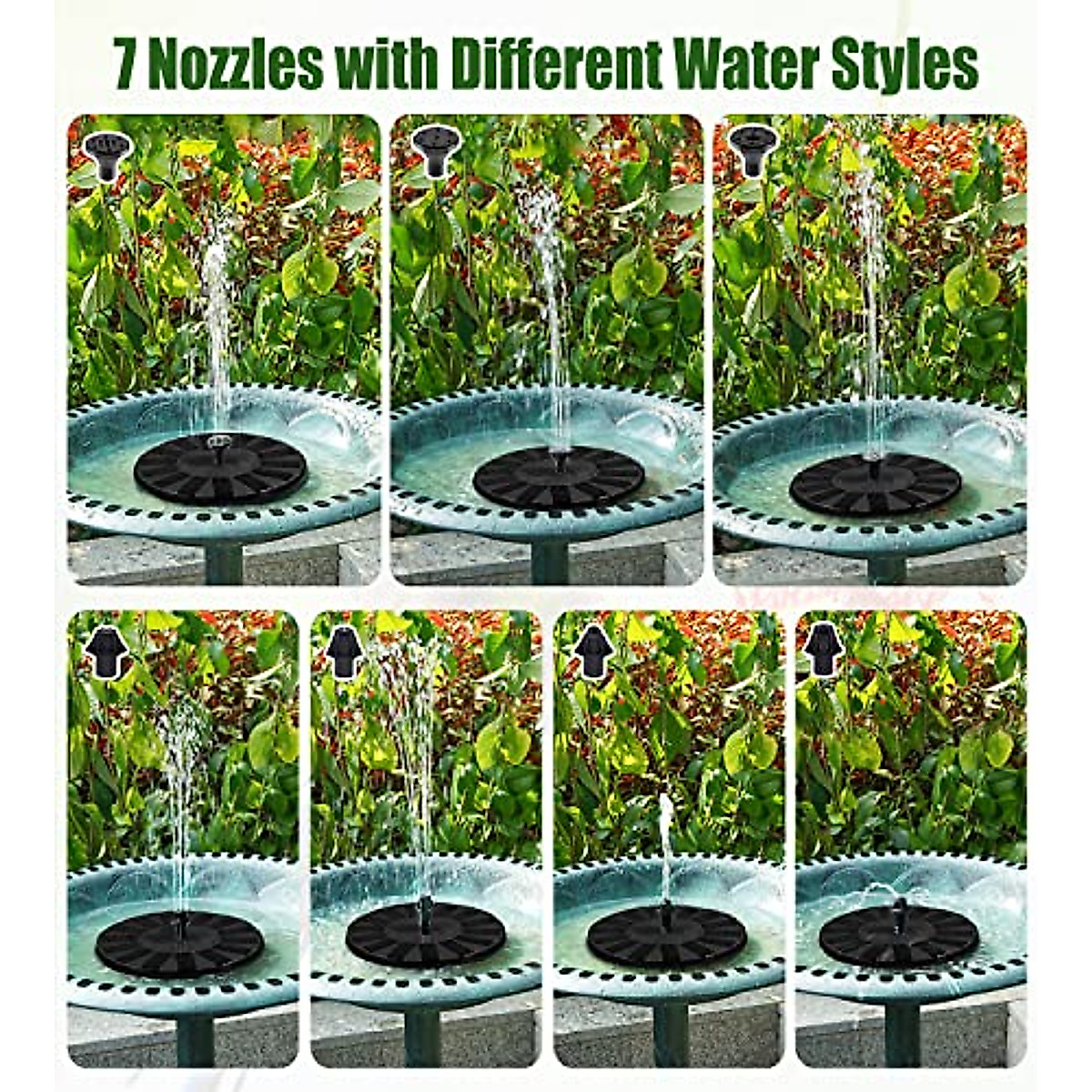 GAIZERL Solar Fountain Bird Bath Fountains Pump Upgraded 100% Glass Panel, Solar Powered Water Fountain with 8 Nozzles & 4 Fixers for Garden, Pond, Pool, Patio, Fish Tank, Outdoor - No Battery Needed