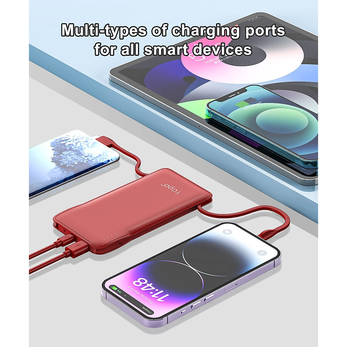 TG90° Portable Charger 10000mah Cell Phone Battery Backup, Ultra Slim Power Bank with Built in Lightning and USB-C Cable, Portable Phone Charger Battery Packs Compatible with iPhone Android Phones