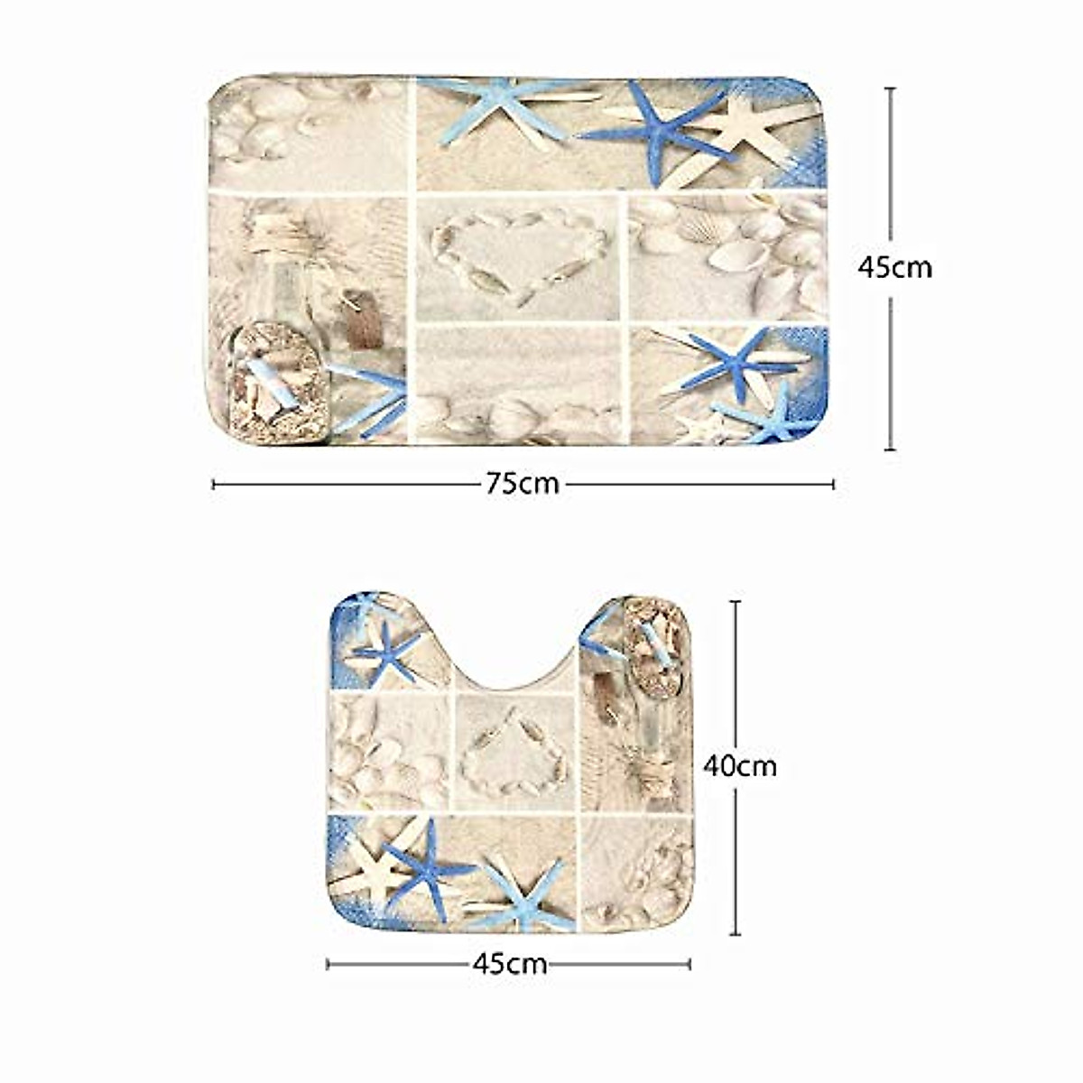 Amagical Blue Starfish Seashell Conch 3 Piece Shower Curtain Bathroom Mat Set Wishing Bottle Love Stone Design Bath Mat + Contour Mat + Shower Curtain + 12 Hooks