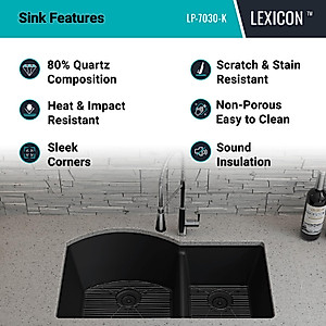 32" x 20" Quartz Kitchen Sink, 70/30 Double Bowl Kitchen Sinks, Drop in sink, Undermount Sink, Galaxy Black Kitchen Sink, Double Sink Kitchen, Grids, Strainer and Flange, Lexicon Platinum LP-7030-K