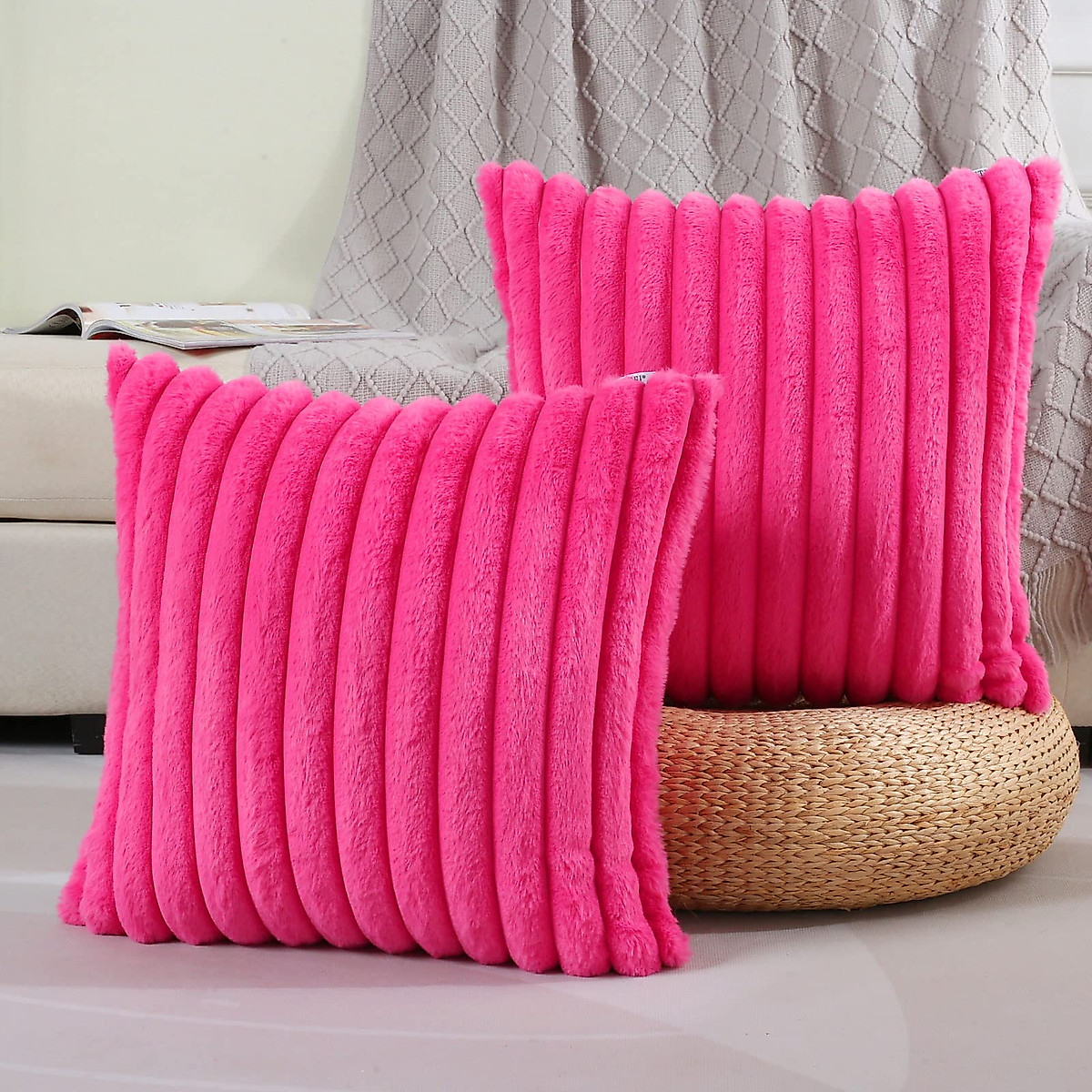 FUTEI Hot Pink Striped Decorative Throw Pillow Covers 18x18 Inch Set of 2,Square Spring Decorations Couch Pillow Case,Soft Cozy Faux Rabbit Fur & Velvet Back,Modern Home Decor for Bed