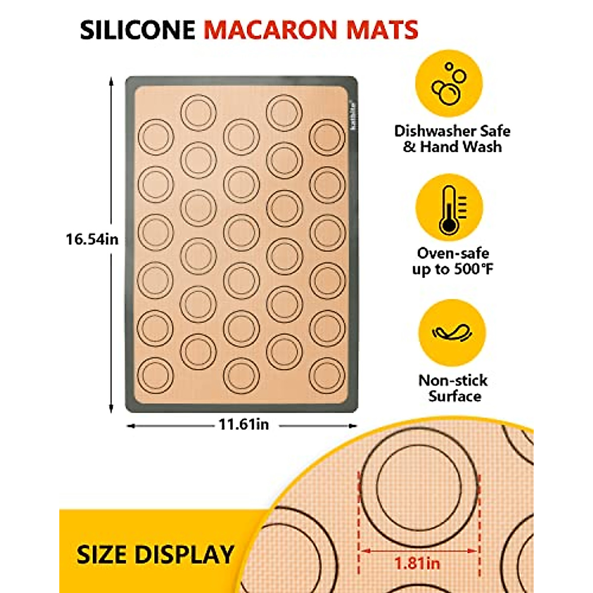 Macaron Silicone Baking Mats, Katbite Silicone Macaroons Baking Mat Set of 2 Half Sheet (11 5/8" x 16 1/2") Reusable & Nonstick Macarons Baking Supplies Silicone Bakeware Mats for Macarons Cookies