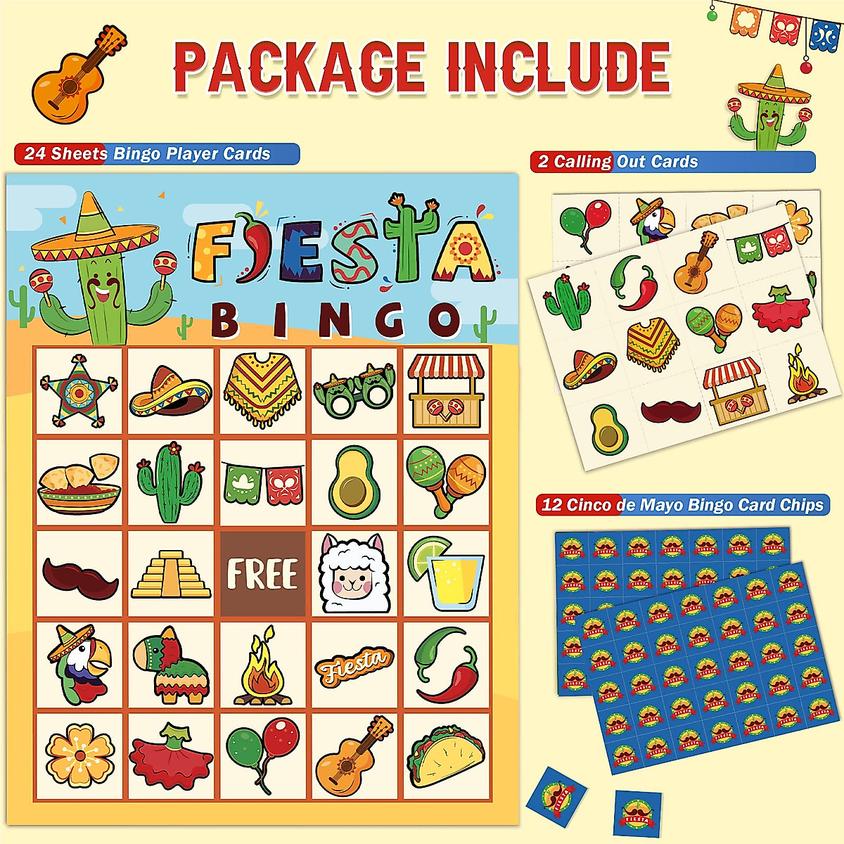 WERNNSAI Mexican Bingo Party Games - 24 Players Birthday Party Games for Kids Bingo Game Bachelorette Final Fiesta Bingo Game Cards Supplies for Taco Themed Party Kids Night Classroom Activities