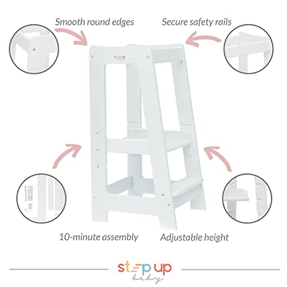 Stepup Baby Toddler Tower Step High Chair | Montessori Inspired | Kitchen Wooden Step Stool for Preschool Kids | Adjustable for 18 Month - 5 Years | Includes Safety Rail (White)
