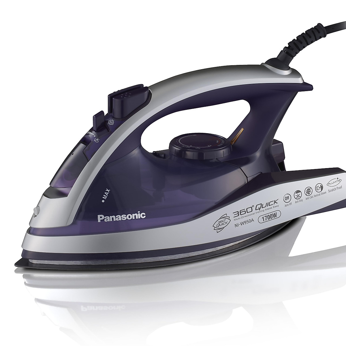 Panasonic Dry and Steam Iron with Alumite Soleplate, Fabric Temperature Dial and Safety Auto Shut Off – 1700 Watt Multi Directional Iron – NI-W950A, Purple