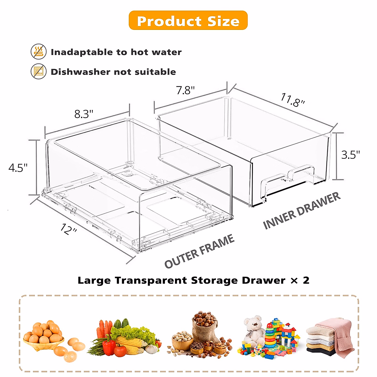 2 Pcs Refrigerator Organizer Bins Pull-Out Drawers, Clear Fridge Drawers, Stackable Fridge Organizer Drawers, Food Storage Containers for Fruit & Vegetables, for Kitchen, Freezers, Storage Rooms