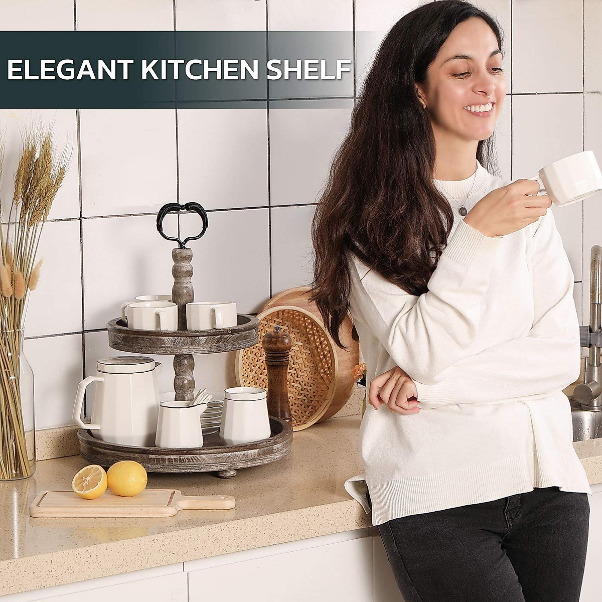 HYGGEISM Two Tier Tray Distressed Wood 2 Tiered Serving Tray Farmhouse, Decorative Wooden Rustic Cake Stand for Kitchen Counter Table, Coffee Bar Decor (Heart-Shaped Handle)