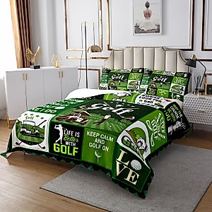 Homewish Golf Bedspread Set Queen Size for Kids,Boys Girls Sports Gaming Quilt Set Green Grass Bedspread Coverlet Modern Ball Bedspread 3 Piece Decorative Bedding Quilted with 2 Pillow Shams