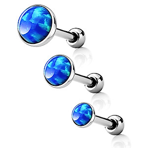 Forbidden Body Jewelry 3-Pack: 16g Surgical Steel Synthetic Blue Opal Cartilage Studs, 3mm/4mm/5mm Opalite