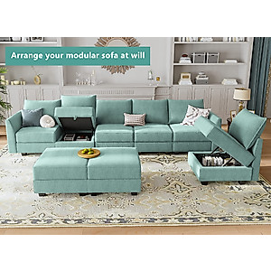 HONBAY Convertible Sleeper Sectional Sofa Modular Couch with Storage Seat Reversible Sectional Sleeper Couch with Modular Sectional Couch in Aqua Blue