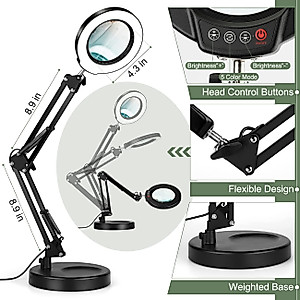 10X Magnifying Glass with Light and Stand, Upgrade Button 5 Color Modes Dimmable Lighting, Krstlv 2-in-1 LED Lighted Magnifier, Hands Free Desk Lamp with Clamp for Soldering Craft Hobby Close Work