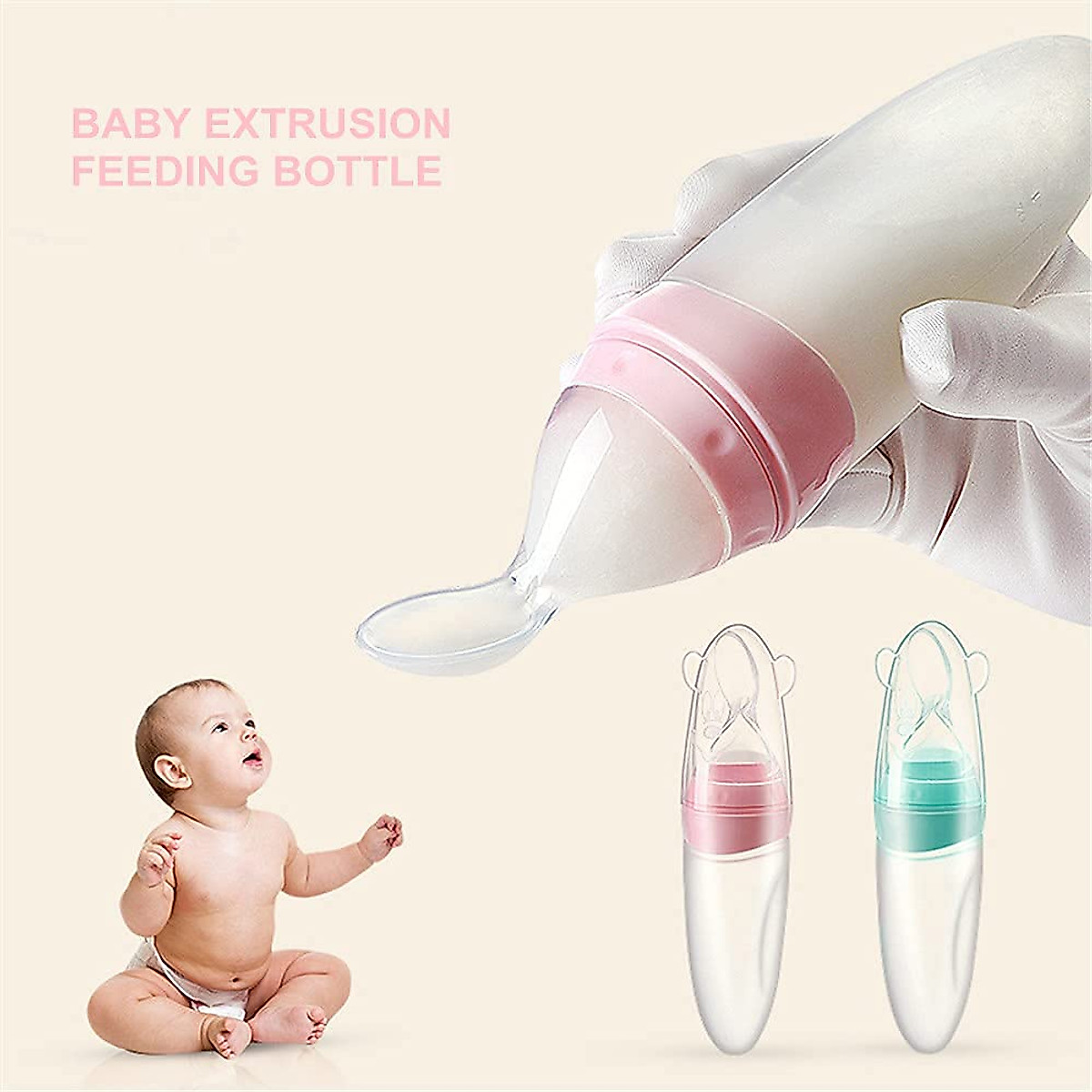 Gaodear Baby Food Feeder,Cartoon Silicone Squeeze Feeding Bottle with Dispenser Spoon for Babies Infant (Pink, 3oz/90ml)