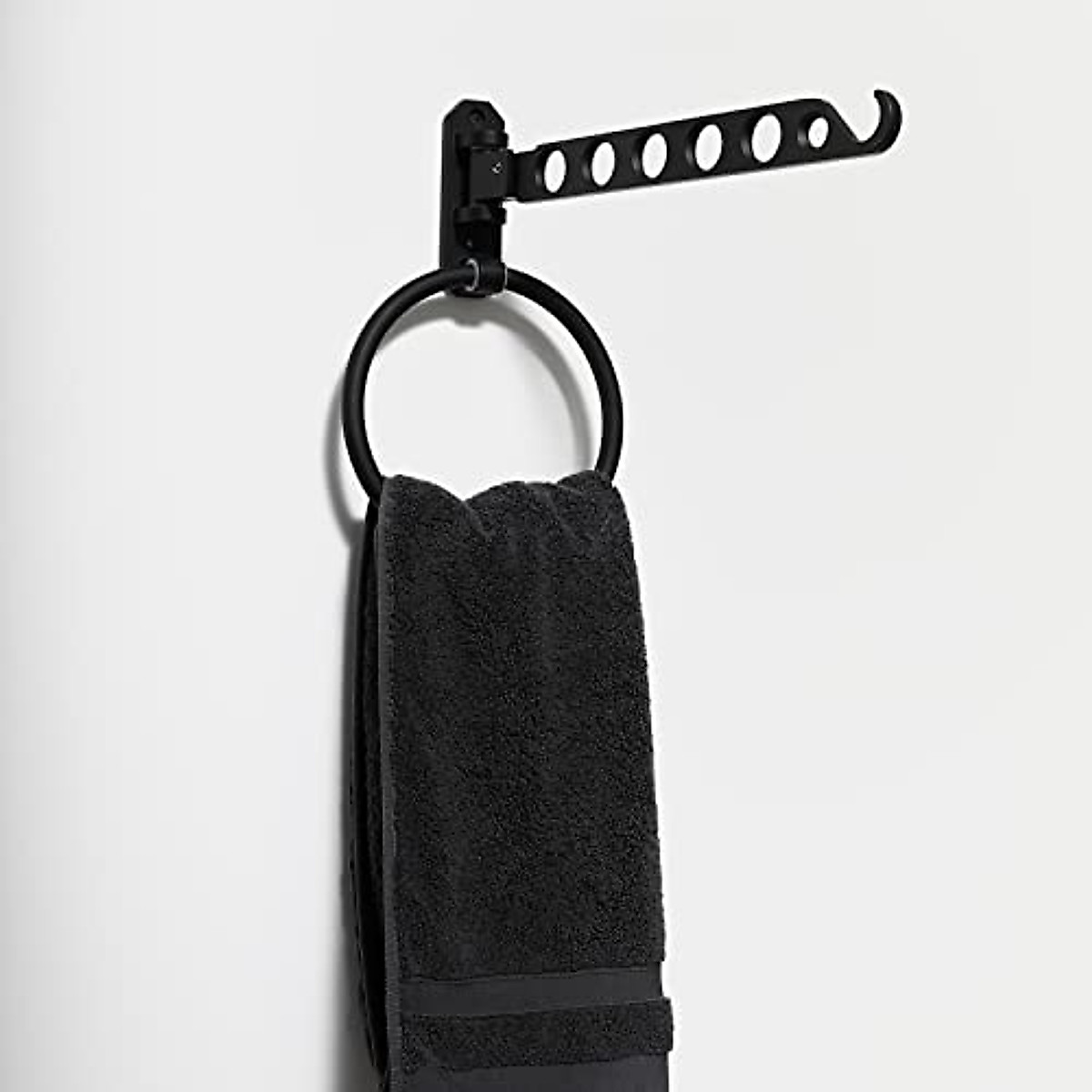 Yooloks Laundry Drying Rack Wall Mounted, Black Folding Clothes Drying Rack Clothes Hanger Rack with Swing Arm and Round Towel Ring, Space Saver for Laundry Room Bathroom Closet Storage Organizer