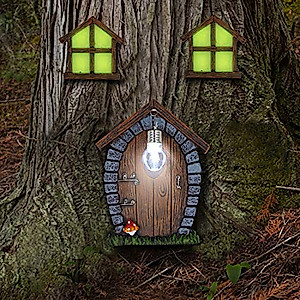 Juegoal Fairy Gnome Home Miniature Window and Door with Litter lamp for Trees Decoration, Glow in Dark Fairies Sleeping Door and Windows, Yard Art Garden Sculpture, Lawn Ornament Décor