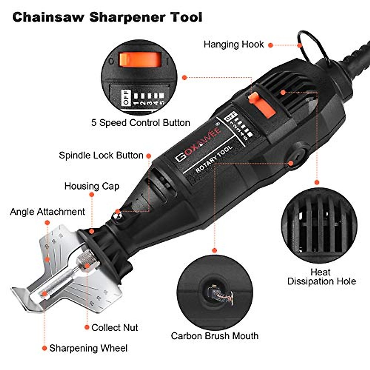 Chainsaw Sharpener Kit - GOXAWEE 140W Power Chain Saw Sharpen Tool Set, Electric Blade Sharpening File Comes with 6pcs Diamond Sharpening Wheels, Angle Guide Attachment for Lumberjack & Garden Worker
