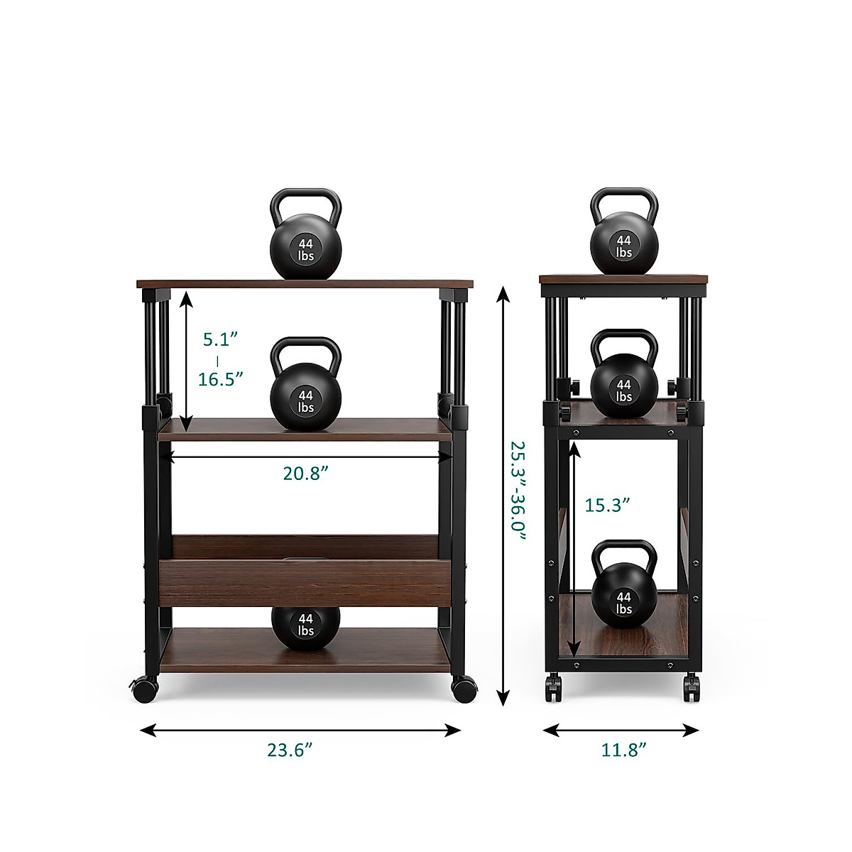 Computer Tower Stand with Wheels, Height Adjustable PC Tower Stand Under Desk, 3 Shelves Rolling Printer Cart for Home Office, Walnut