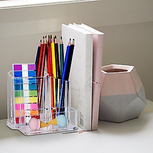 Clear Acrylic Pencil Pen Holder Cup, Desk Organizers and Accessories, Makeup Brush Holder 3 Compartments, Modern Minimalist Desktop Stationery Storage Organizer Cute for Office School Home Supplies