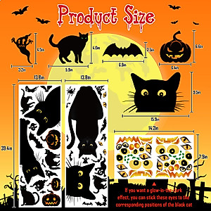 Quera Large Halloween Window Clings Black Cat Window Decorations Glow in The Dark Spooky Pumpkin Window Stickers Halloween Silhouette Window Stickers for School Home Office Party Decals, Double-Side