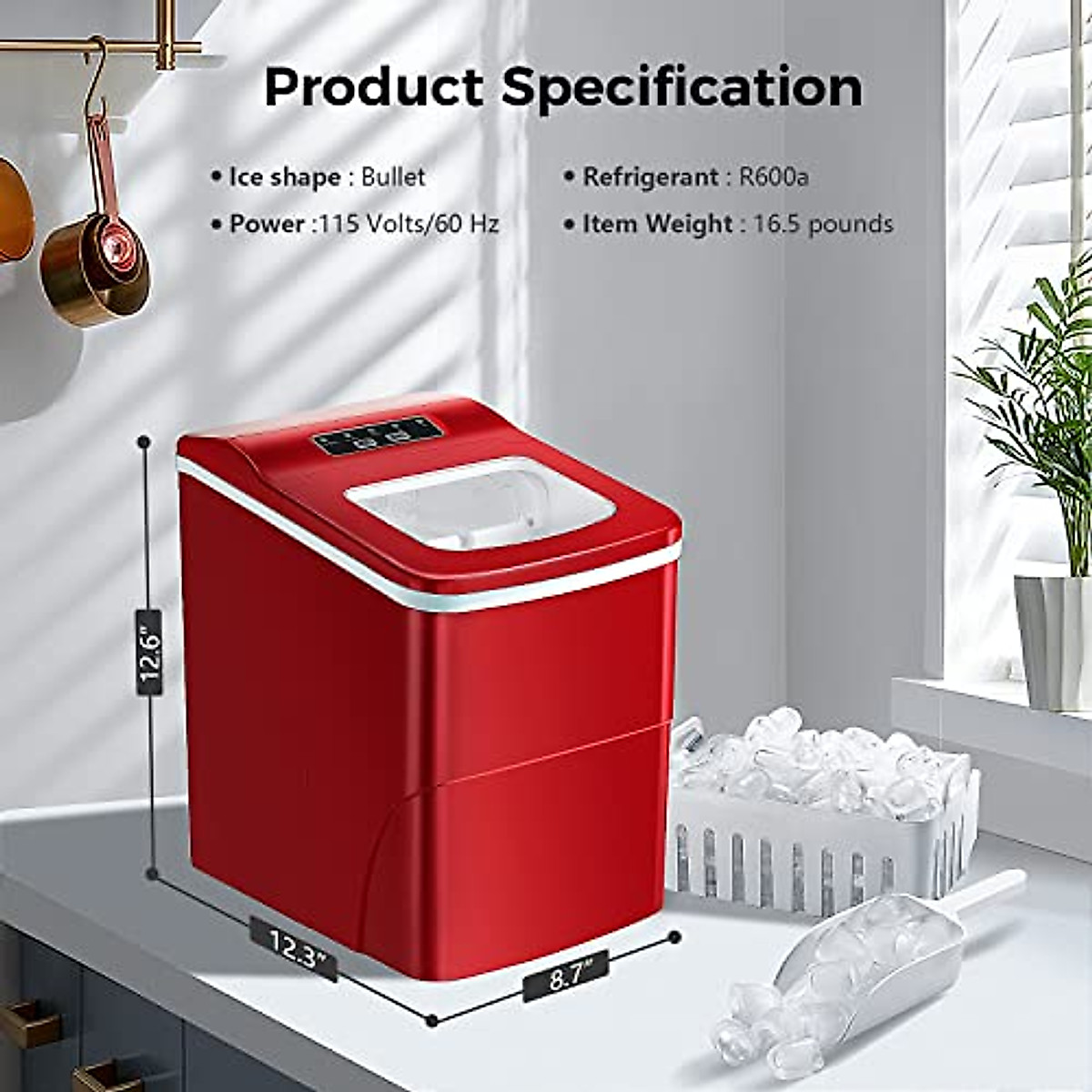 AGLUCKY Ice Makers Countertop with Self-Cleaning, 26.5lbs/24hrs, 9 Cubes Ready in 6~8Mins, Portable Ice Machine with 2 Sizes Bullet Ice/Ice Scoop/Basket for Home/Kitchen/Office/Bar/Party, Red