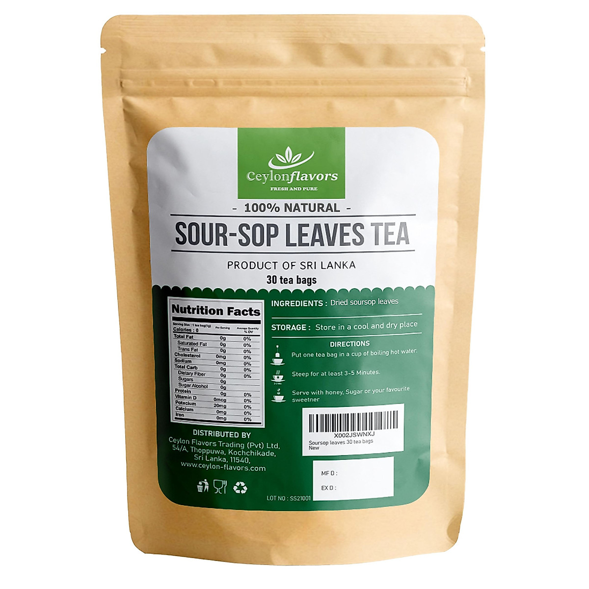 Ceylon Soursop Tea Leaves | 100% Natural Soursop Tea Bags Pack of 30 | Sourced From Sri Lanka