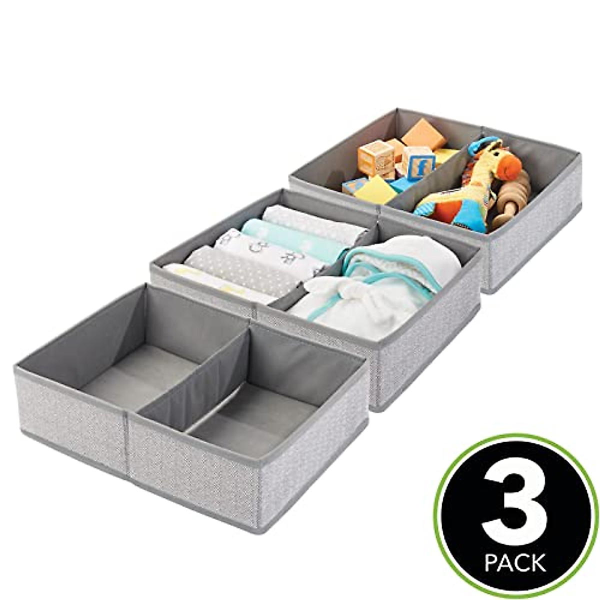 mDesign Fabric Drawer Organizer Bin Dividers for Kids/Baby Nursery Dresser, Closet, Organization - Bins Hold Clothes, Diapers, Cream, Toy, Blankets - 3 Pack, Gray Herringbone