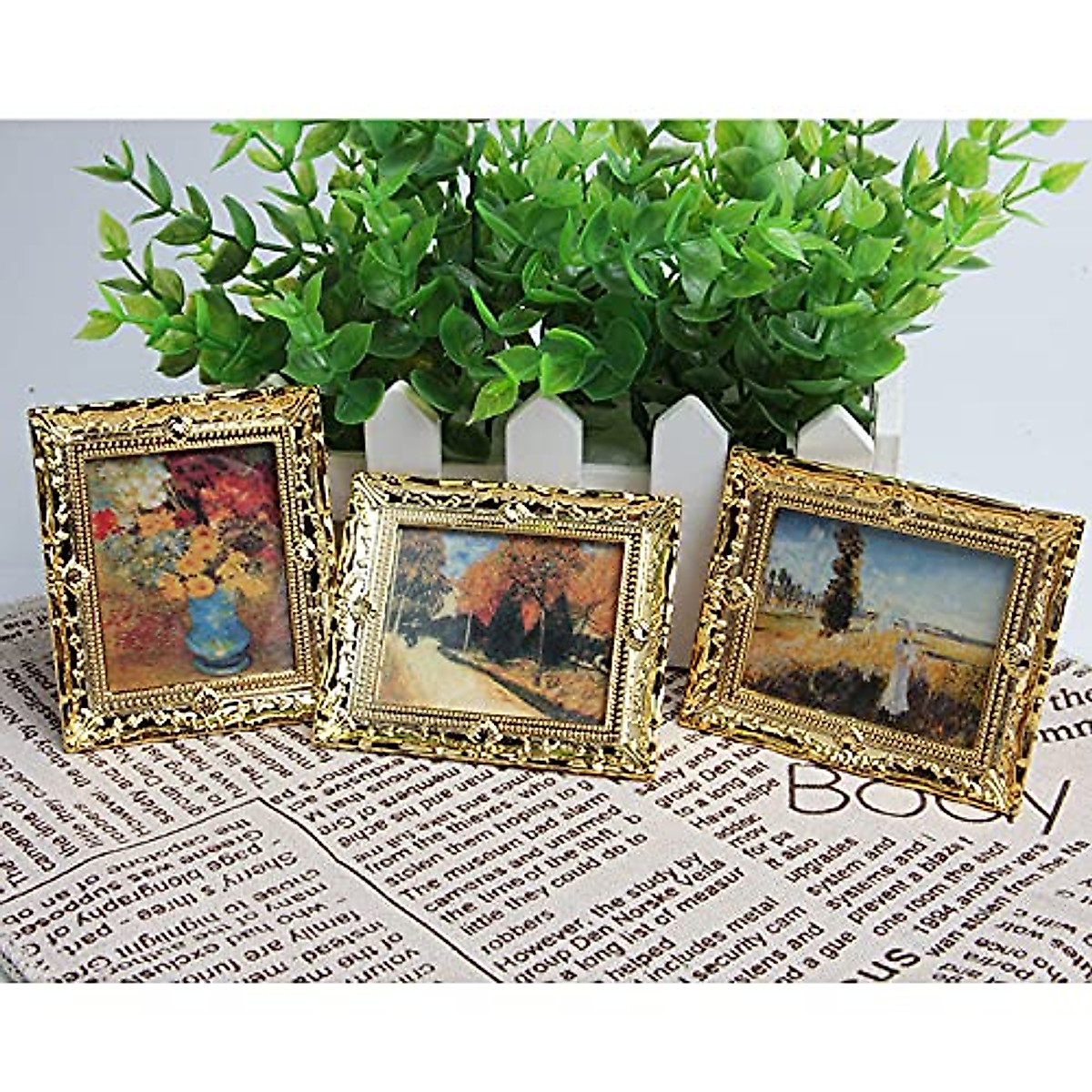 Acxico 3Pcs 1:12 Mini Miniature Gold Frame Art Wall Picture Oil Painting Home Decor