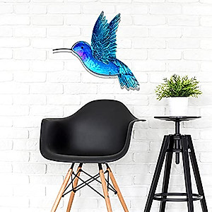 John's Studio Metal Hummingbird Wall Decor Bathroom Glass Art Iron Sculpture Outdoor Hanging Decoration for Home Bedroom Garden Patio Porch or Fence - Blue
