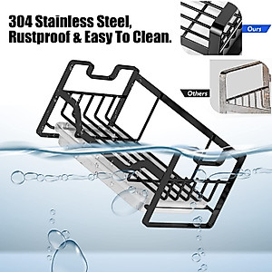 Dish Sponge Holder for Kitchen Sink, Black Kitchen Sink Organizer Dish Racks, Stainless Steel Kitchen Sink Caddy for Countertop, Brush Kitchen Sink Sponge Holder Storage with Drain Tray