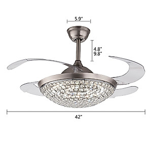 GDNTMU Ceiling Fan with Lights Remote Control 42 inch, Modern Ceiling Fan Chandelier Invisible 4 Retractable Blade with 3 Light Color Changes and 3 Speeds for Dining/Living Room Bedroom