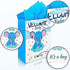 13" Large Baby Shower Birthday Gift Bags for Boy with Tissue Papers and Card(Elephant)