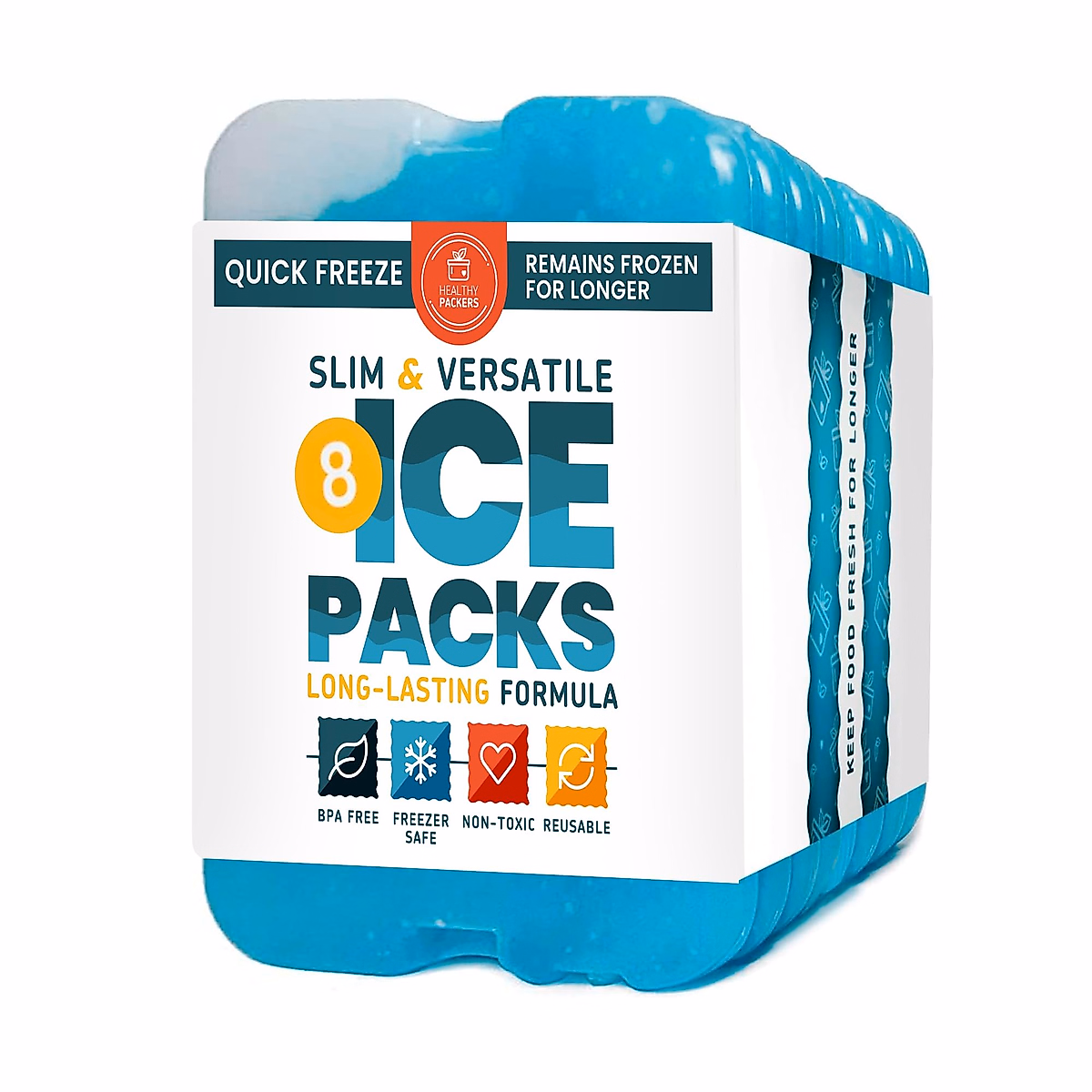 Healthy Packers Ice Packs for Lunch Bags - Original Cool Pack | Slim & Long-Lasting Reusable Ice Pack for Lunch Box, Lunch Bag and Cooler | Freezer Packs for Coolers (Set of 8)