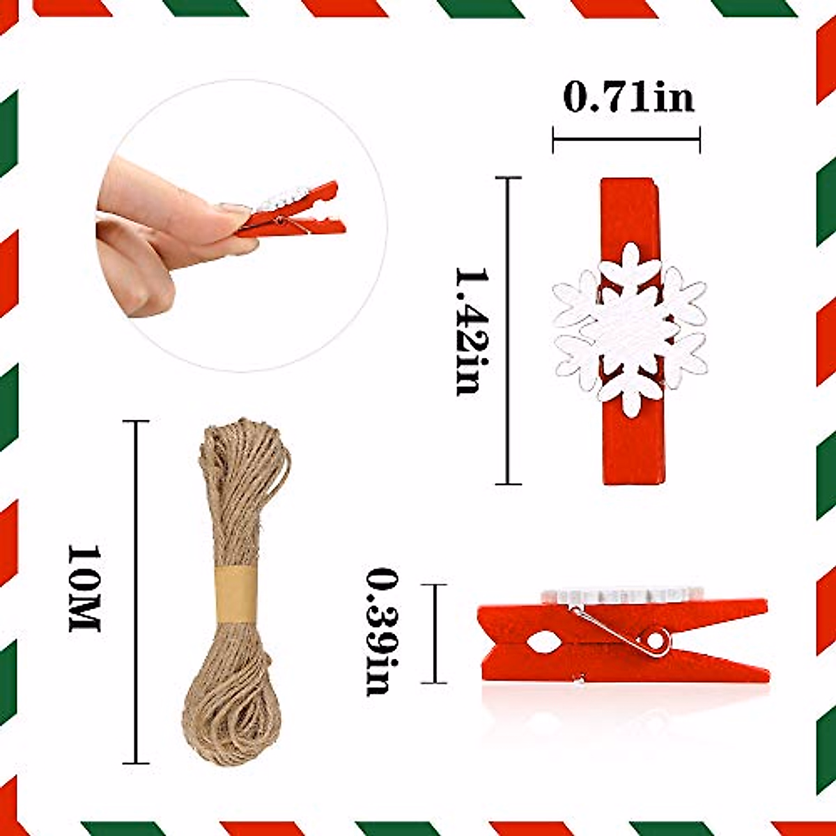 Greentime 120 PCS Christmas Wooden Clips, Snowflake Clothespins Small Craft Pegs Elk Gloves Snowflake Christmas Tree Clothespins with 10 Meters Rope for DIY Crafts Home Party Xmas Supplies Gifts