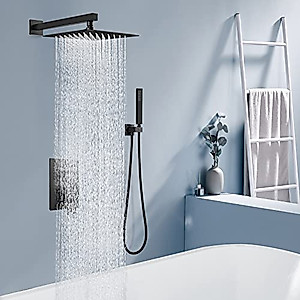 Midanya Matte Black Rain Shower System 10 Inch Square Rainfall Shower Head Wall Mount Shower Faucet Set with Hand Sprayer Rough-in Valve Trim Kit Bathroom Mixer Shower Combo Set