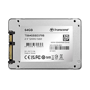 Transcend 64GB SSD370S 2.5" SATA3 SSD, Solid State Drive, Guaranteed Endurance and Reliability, Dram Cache, MLC - TS64GSSD370S
