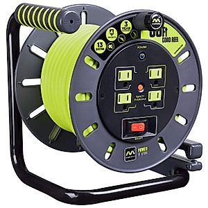 Masterplug 60ft Cord Reel, Extension Lead with Winding Handle, Safety Overload Circuit Breaker and Power Switch, Four Outlets, 14AWG