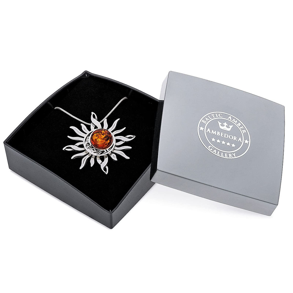 AMBEDORA Women's 925 Silver Oxidised Round Baltic Amber Celtic Sun & Moon Pendant on a Chain with a Snake Chain Gift Set