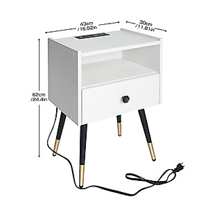 PHECDA Solid Wood Nightstand with Charging Station, Side Table with Drawer and Storage Shelf, Bedside Table with USB Port and Sockets (White)