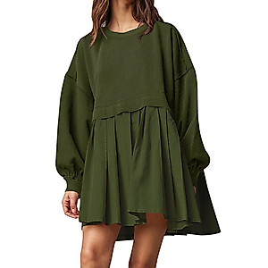 Ugerlov Womens Oversized Sweatshirt Dress Long Sleeve Crewneck Pullover Tops Relaxed Fit Sweatshirts Flowy Mini Short Dress, Army Green M