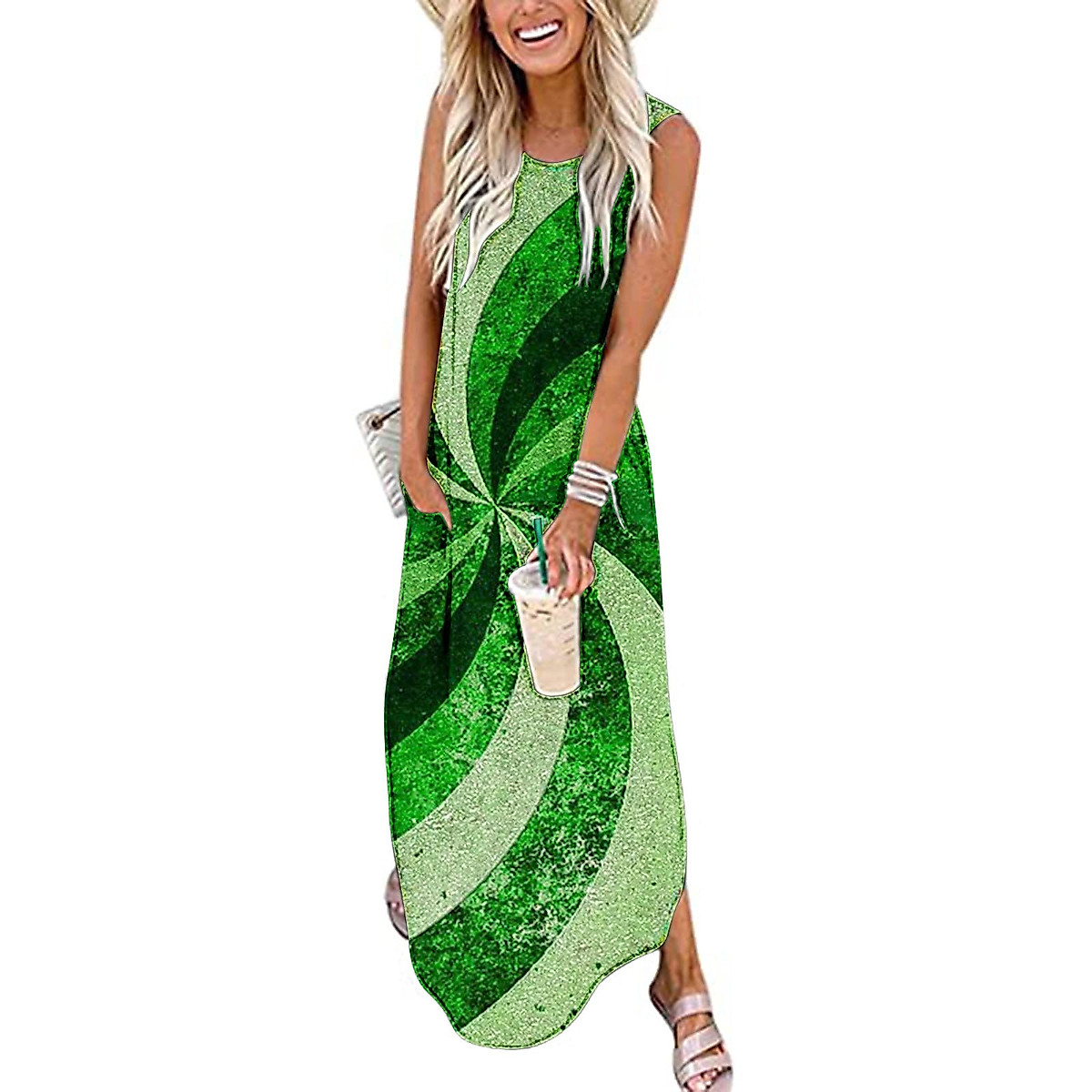 Long Maxi Dresses for Women Summer Women Casual Printing Loose Sundress Long Dress Crisscross Sleeveless Split Maxi Green