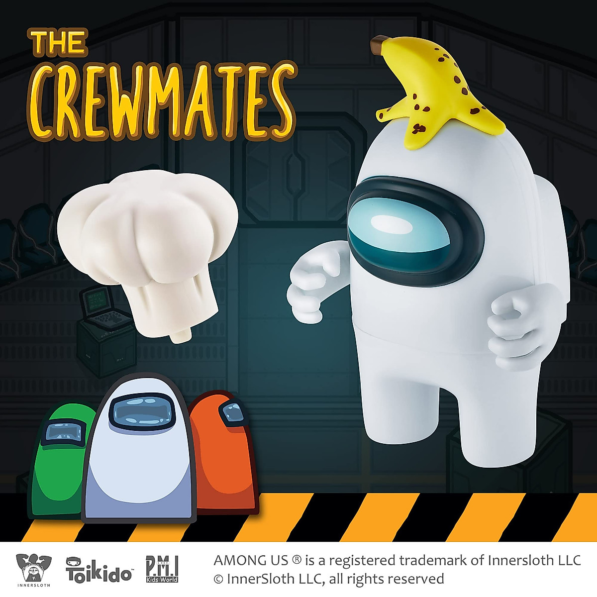 P.M.I. Among Us Action Figure |One of Four 6.7-Inch-Tall Collectibles | Among Us Toys and Playable Mini Toys | White Crewmate in The Spotted Peeled Banana Hat with Hidden Hat and Hands | Kids’ Toys