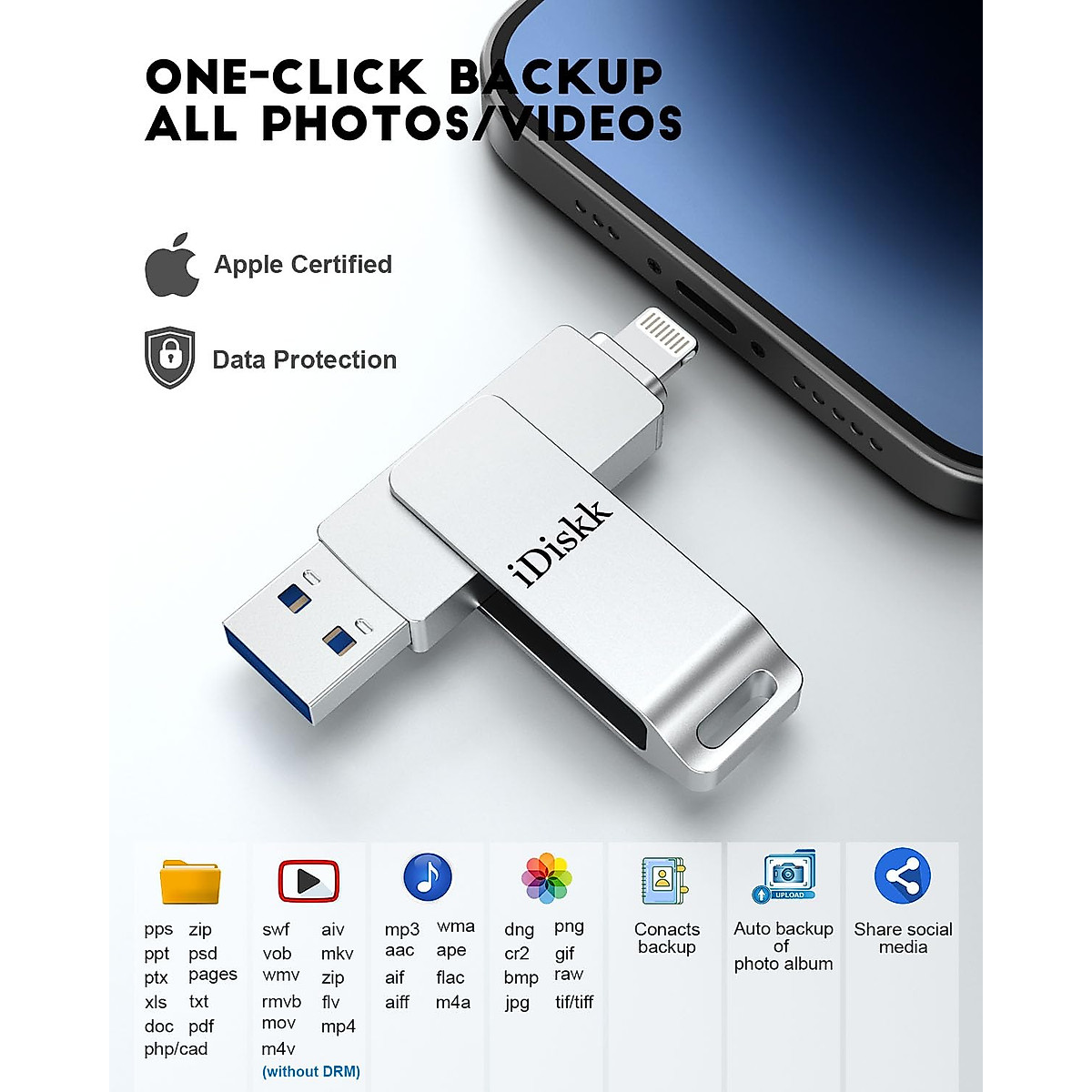 【App-le Certified】iDiskk 128GB Photo Storage Stick iPhone Storage Flash Drive for iPhone usb storage flash drive,iPhone USB External Storage for Mac,iPad and PC Photo Stick for Photos Videos Contacts