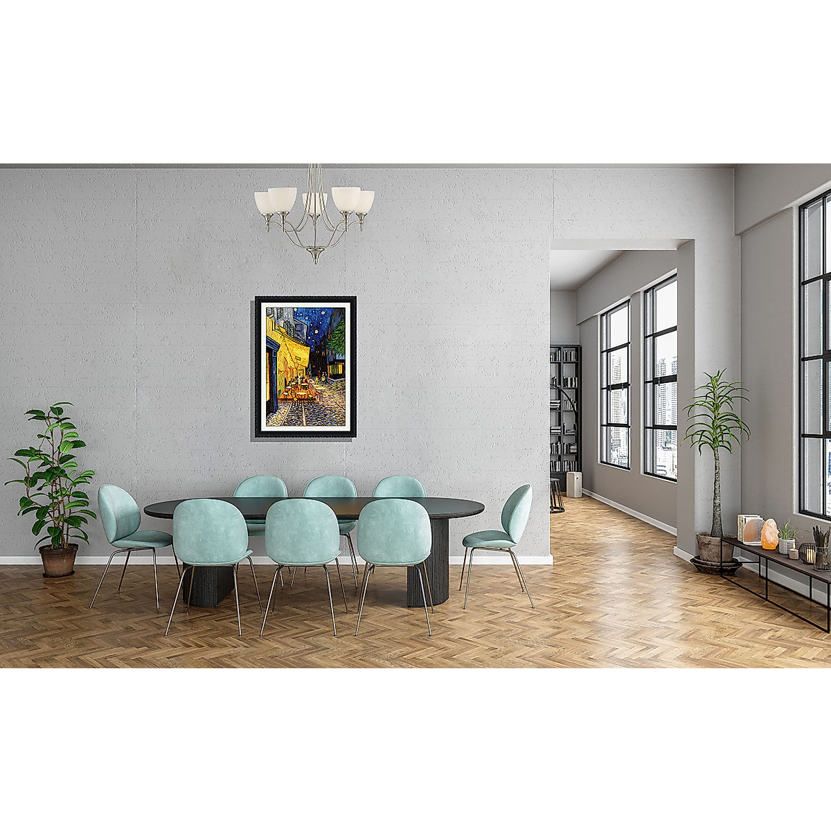 3D Print simulation hand painted texture on canvas painting Van Gogh Famous Classic Wall Art Café Terrace at Night Starry Night Blue Sky Hand Made Ornate Framed UNIQUE INNOVATION Patent pending