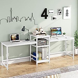Tribesigns 96.9" Double Computer Desk with Printer Shelf, Extra Long Two Person Desk Workstation with Storage Shelves, Large Office Desk Study Writing Table for Home Office, White