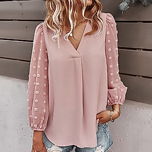 Wondere Summer Solid Color Tops Womens Chiffon Tunic V Neck Shirt Long Sleeve Tees Casual Polka Dot Blouse (XL, Pink)