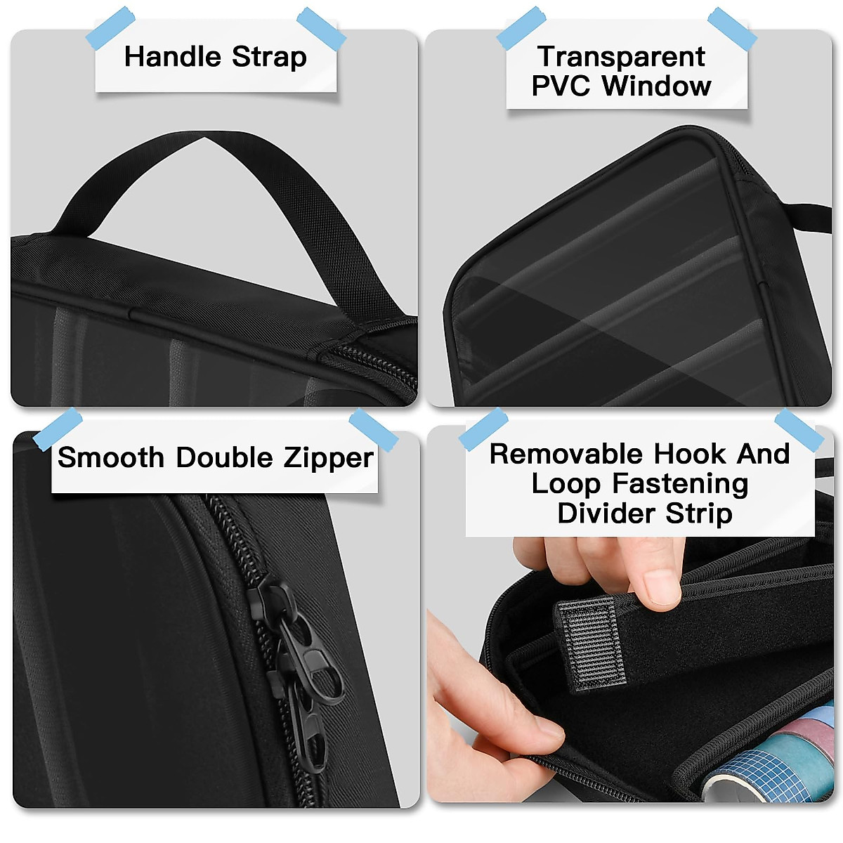 Homakover Washi Tape Organizer Carry Case with Remove Divider Strip, Tape DIY Sticker Roll Tape Holder Wrapping Ribbon Storage Bag with Handle Strap, Clear PVC Window, Black