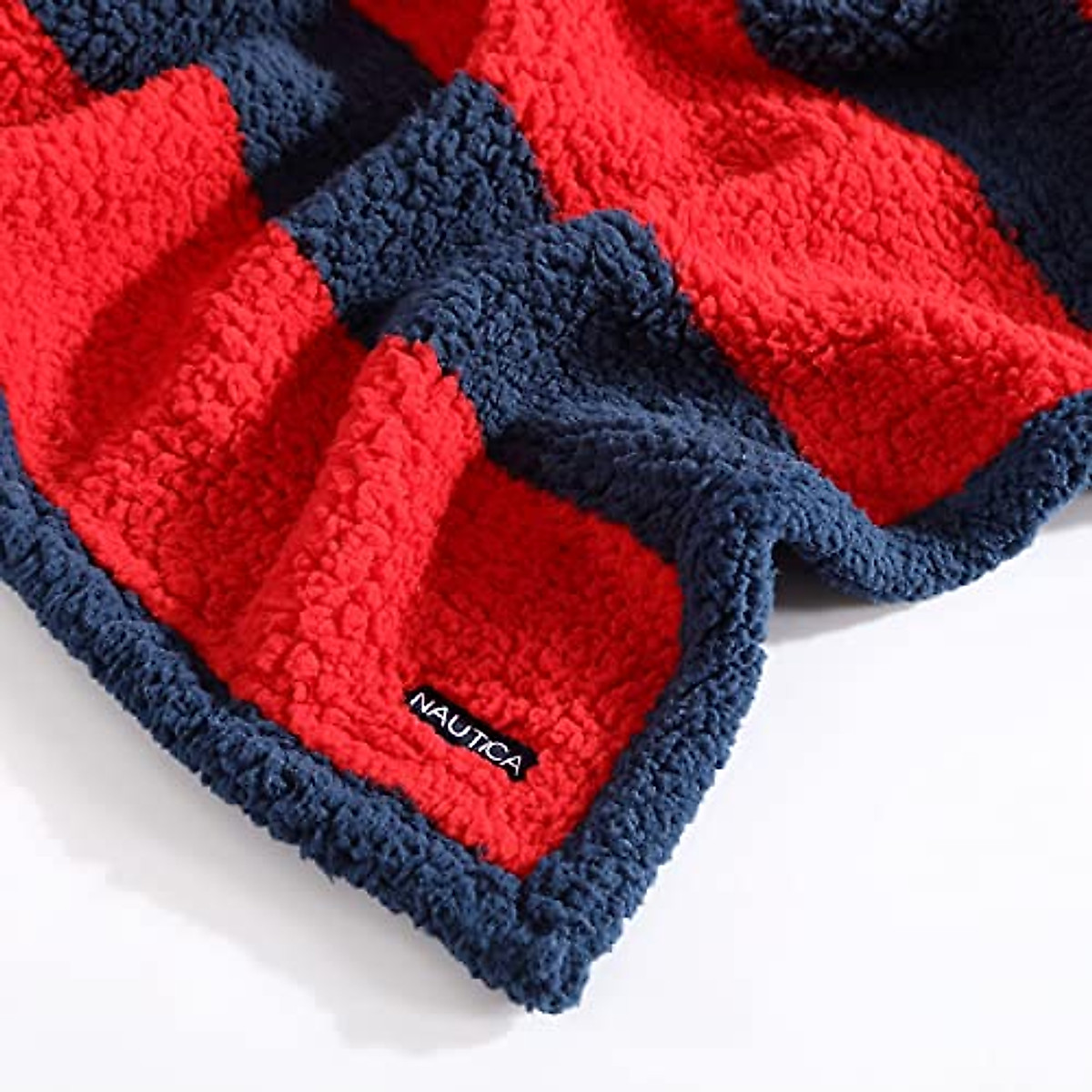 Nautica Throw Blanket Ultra Soft Plush Sherpa Home Décor, All Season Bedding, 50 x 60, Lawndale Blue/Red
