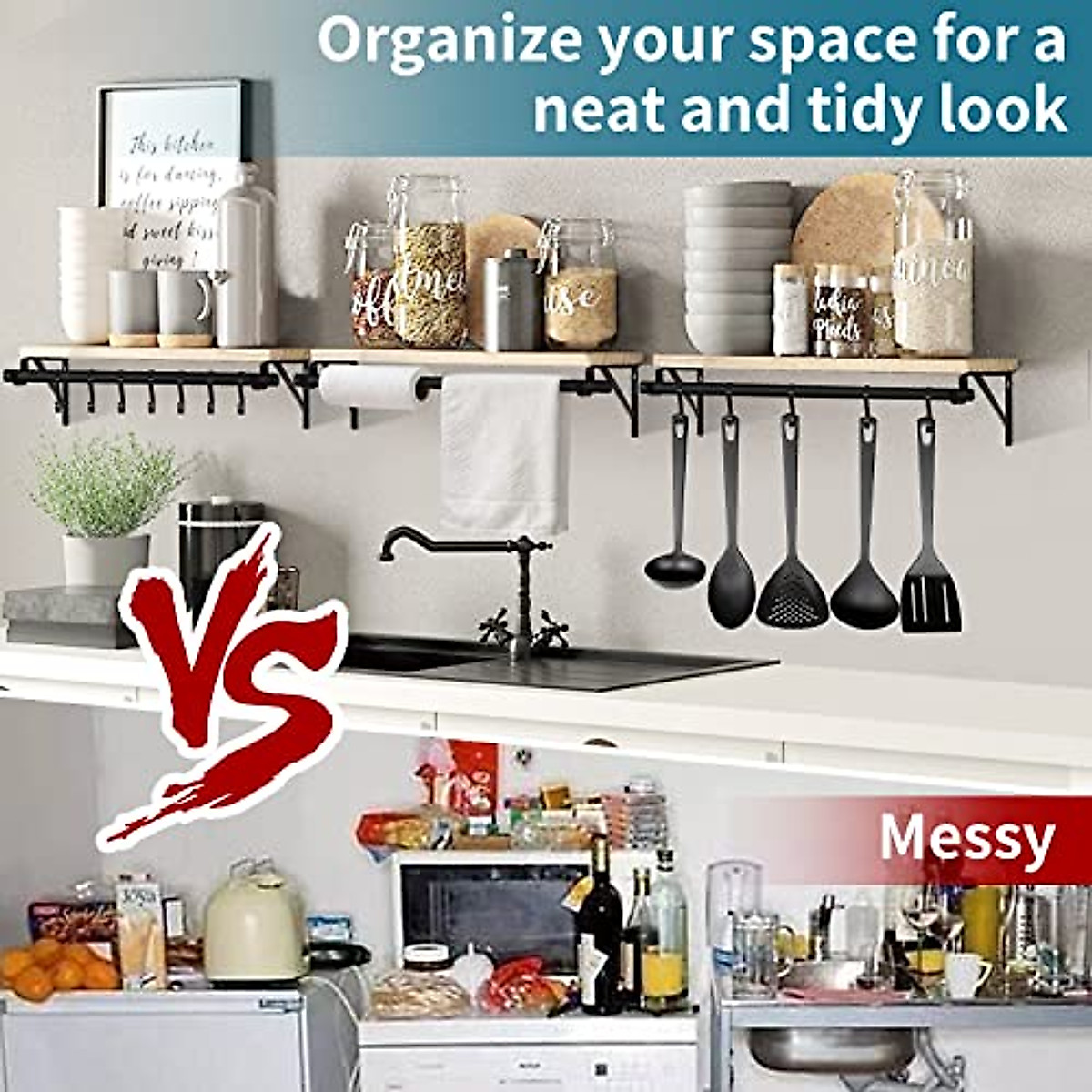 Closet Rod Bracket, Shelf Bracket for DIY Floating Shelf, Heavy Duty L Corner Brace with Rod Hook, Wall Mounted Black Metal Utensil Holder Pot Hangers for Kitchen, Bathroom