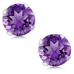 Gem Stone King 1.00 Cttw 14K White Gold Purple Amethyst Stud Earrings For Women | Gemstone Birthstone | Round 5MM