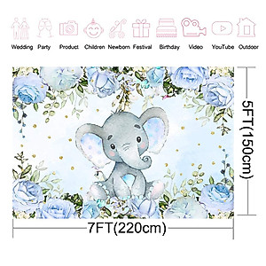Avezano Elephant Boy Baby Shower Backdrop, Blue Floral Elephant Baby Shower Party Decorations Blue Elephant Baby Shower Party Banner Photography Background (7x5ft)