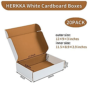 Shipping Boxes 12x9x3, HERKKA 20 PACK White Corrugated Cardboard Mailer White Gift Box, Medium Mailing Boxes for Small Business Packaging Supplies
